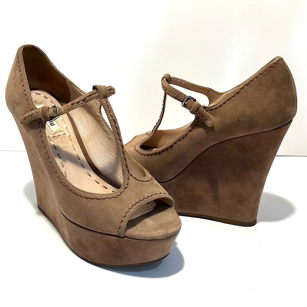 Miu Miu Suede Platform Wedge Mary Jane Peep Toe Sanda… - Gem